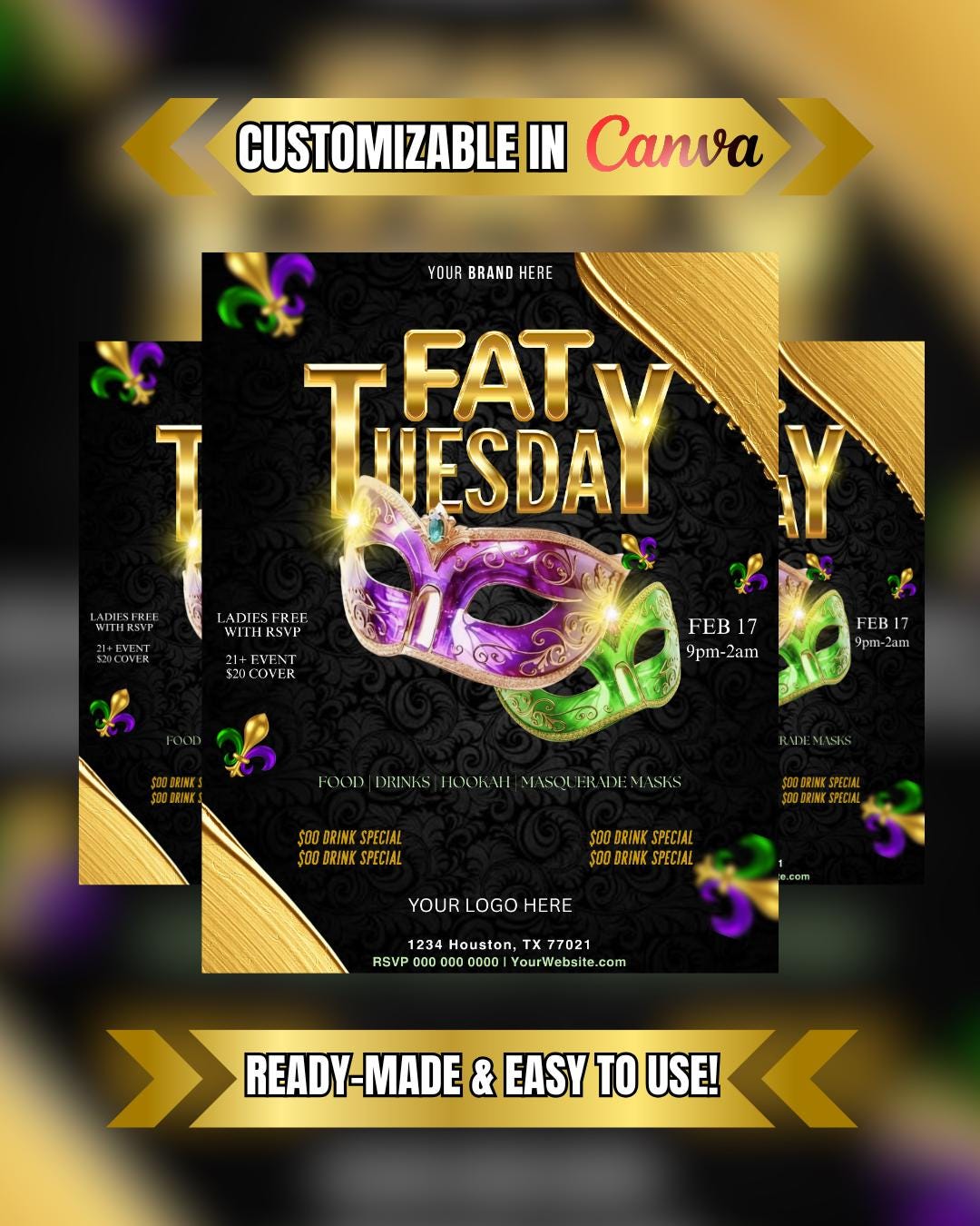 Fat Tuesday Party Flyer, Editable Flyer Template, Mardi Gras Party ...