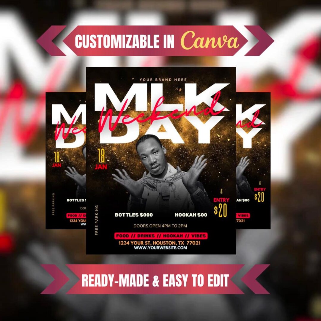 MLK Day Weekend Flyer, Editable Flyer Canva Template, Sunday Brunch, DJ ...