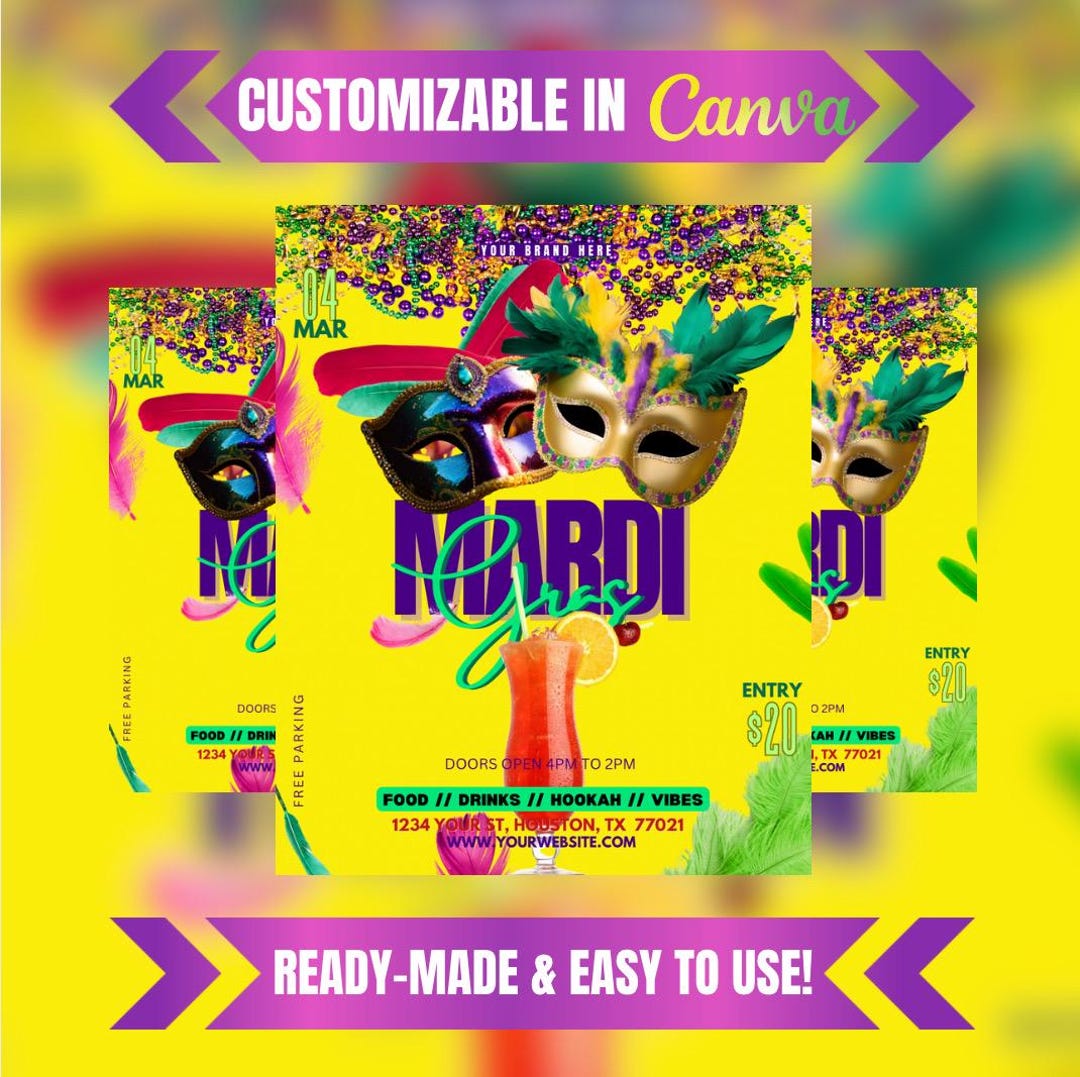 Fat Tuesday Party Flyer, Editable Flyer Template, Mardi Gras Party ...