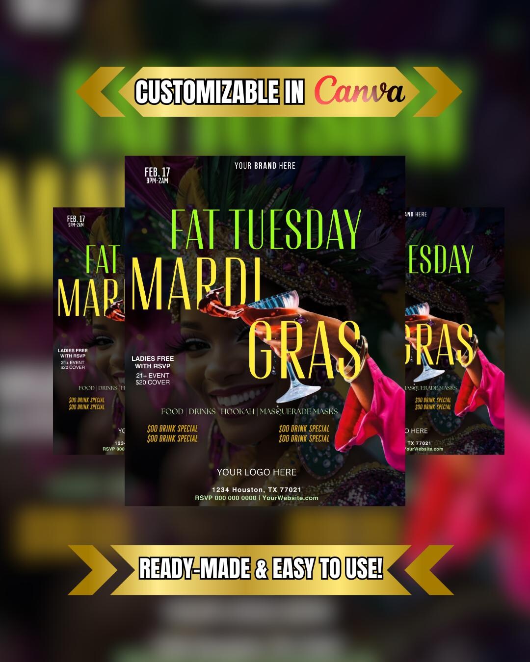 Fat Tuesday Party Flyer, Editable Flyer Template, Mardi Gras Party ...
