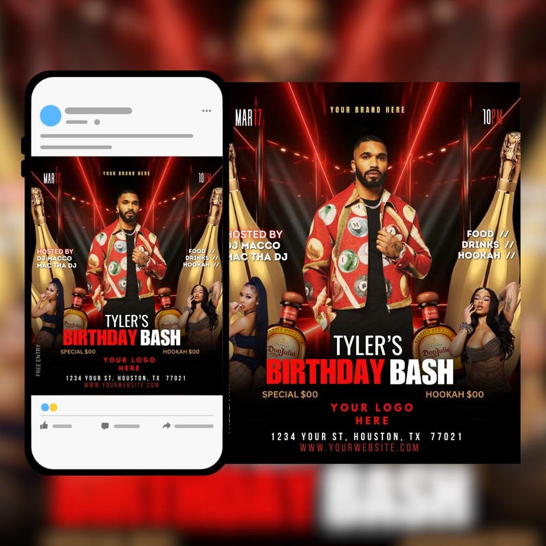 Men Male Birthday Party Invitation Flyer, Bday Flyer, Editable Canva ...