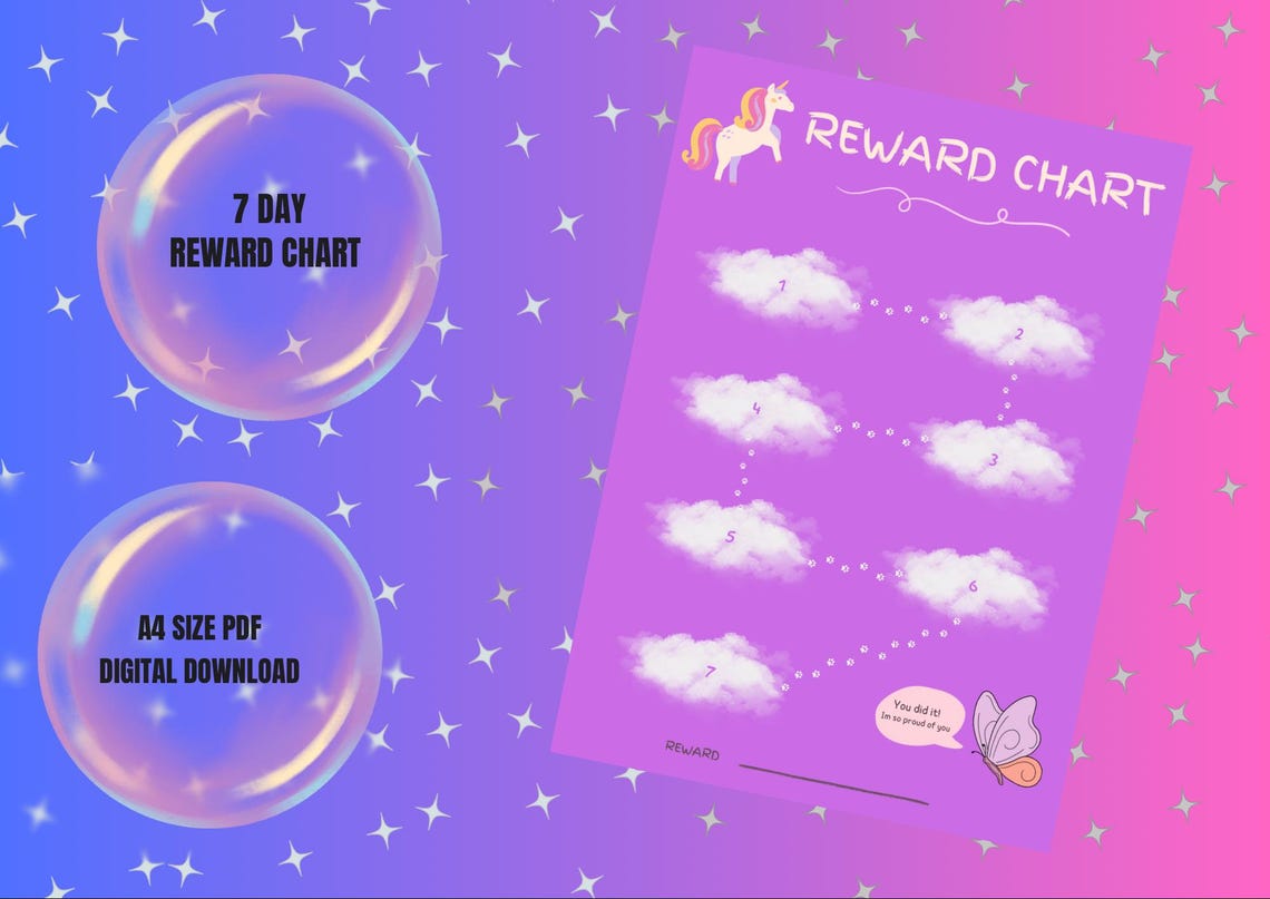 Printable Kids Reward Chart Unicorn Reward Chart Butterfly Reward Chart ...