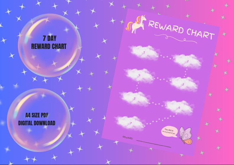 Printable Kids Reward Chart Unicorn Reward Chart Butterfly Reward Chart ...