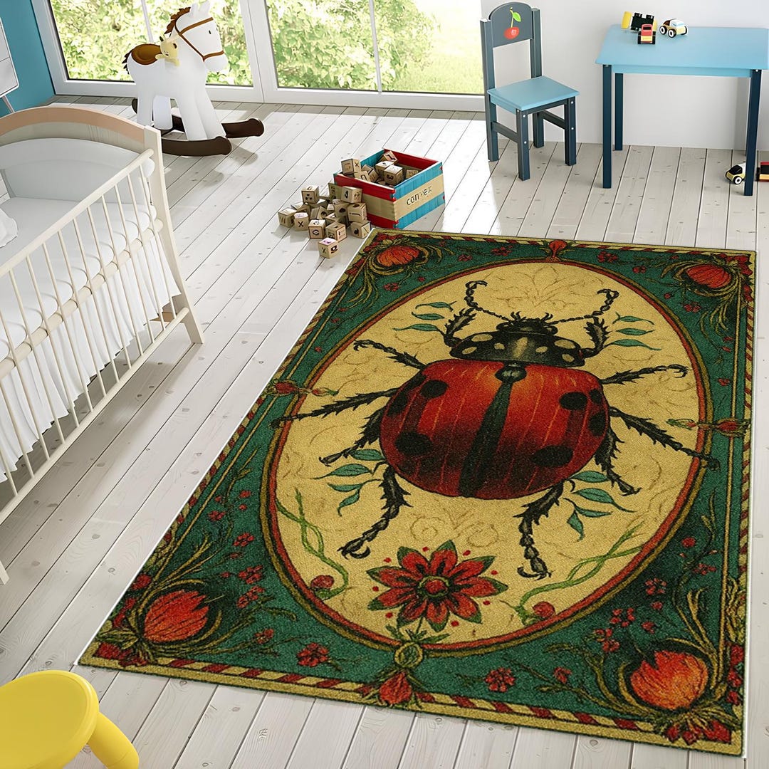 Vintage Ladybug Area Rug: Ornate Botanical Insect Design - Etsy