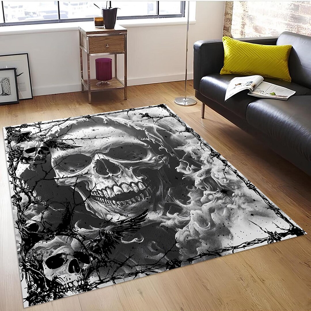 Black White Skull Rug, Skull Themed Rugs, Skull Desing Rug, Skull ...