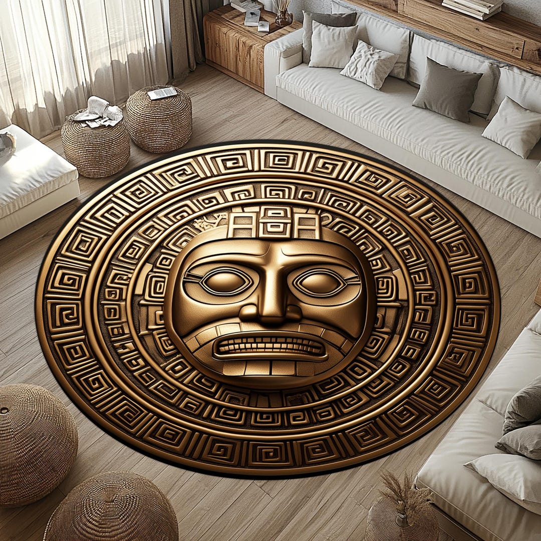Aztec,black Gold Aztec Rug,mayan Calendar Rug,mayan Calendar, Round ...