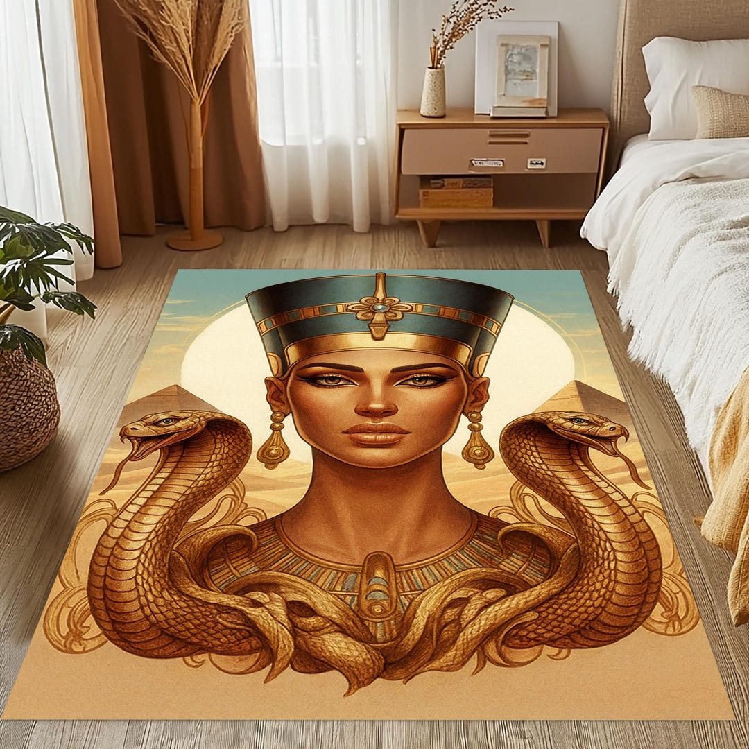 Egyptian Queen Rug: Golden Nefertiti Carpet, Cobra Design, Regal Desert ...