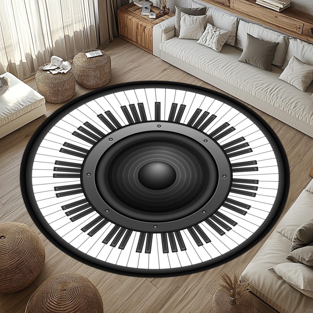 Round Piano Black White Rug,music Room Piano Rug,piano Black White Rug ...