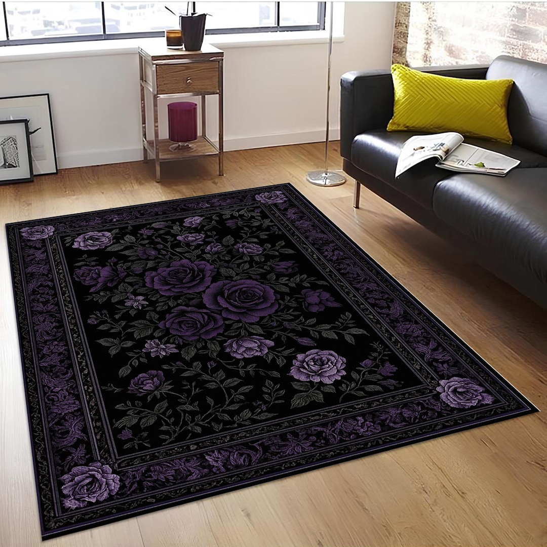 Purple Rose Gothic Rug: Black Floral Victorian Decor - Etsy