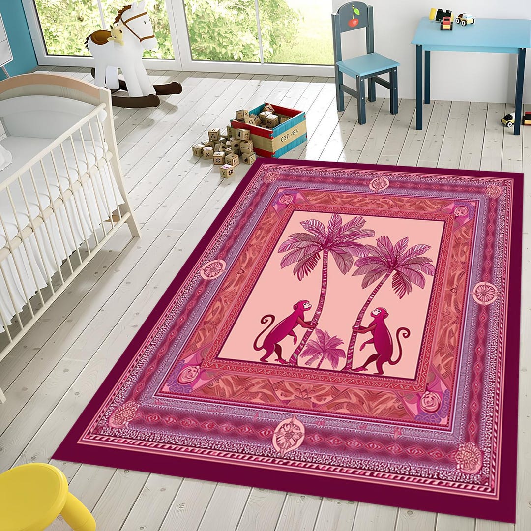 Lila Pink Monkeys Rug: Kids Room Play Mat - Etsy