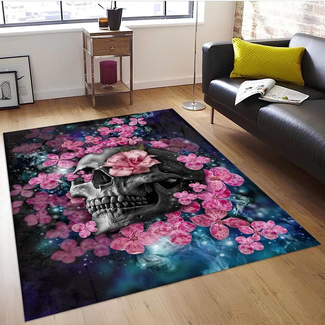Skull and Pink Flowers Rug, Skull Themed Rug, Skull Area Rug, Skull Rug ...