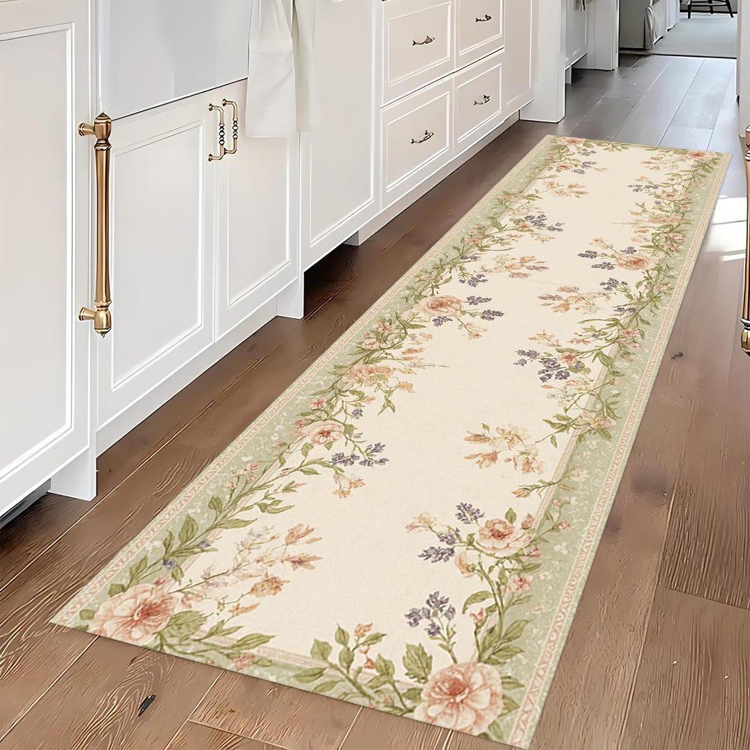 Vintage Floral Runner Rug: Soft Pastel Botanical Kitchen Hallway - Etsy