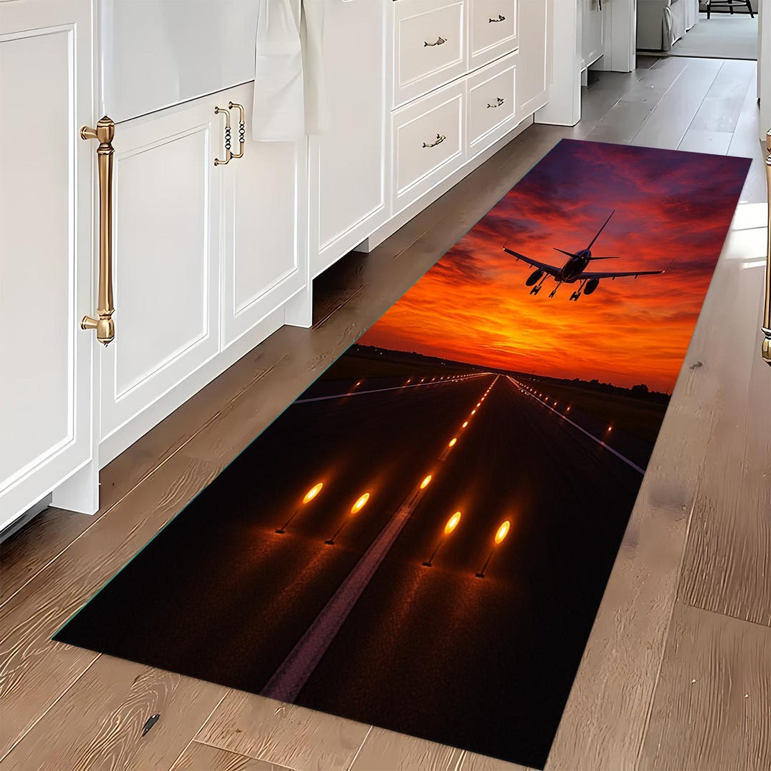 Airplane Sunset Rug: Glowing Runway Carpet, Orange Red Sky Design ...