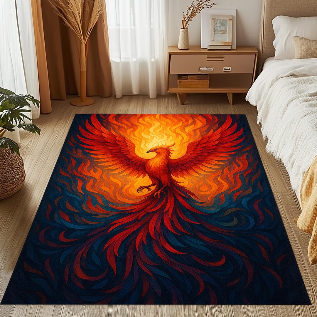 Phoenix Flame Rug: Bright Orange Fire Carpet, Red Blue Mythical Design ...
