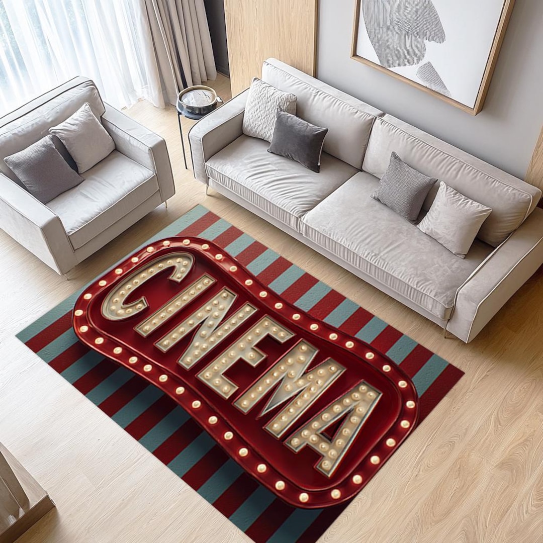 Cinema Marquee Rug: Retro Red Teal Stripes Carpet, Classic Lights ...