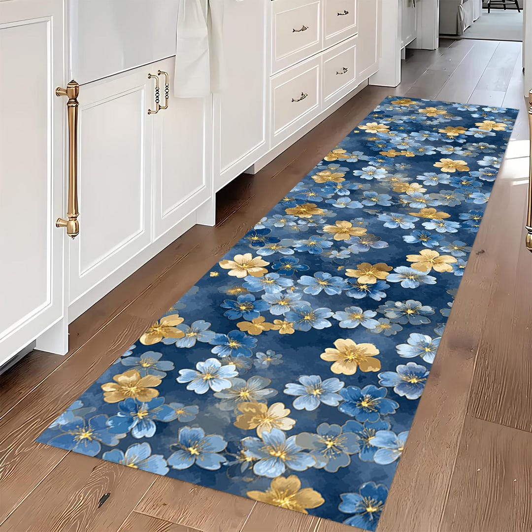 Blue Floral Runner Rug: Elegant Gold Flower Kitchen Carpet - Etsy