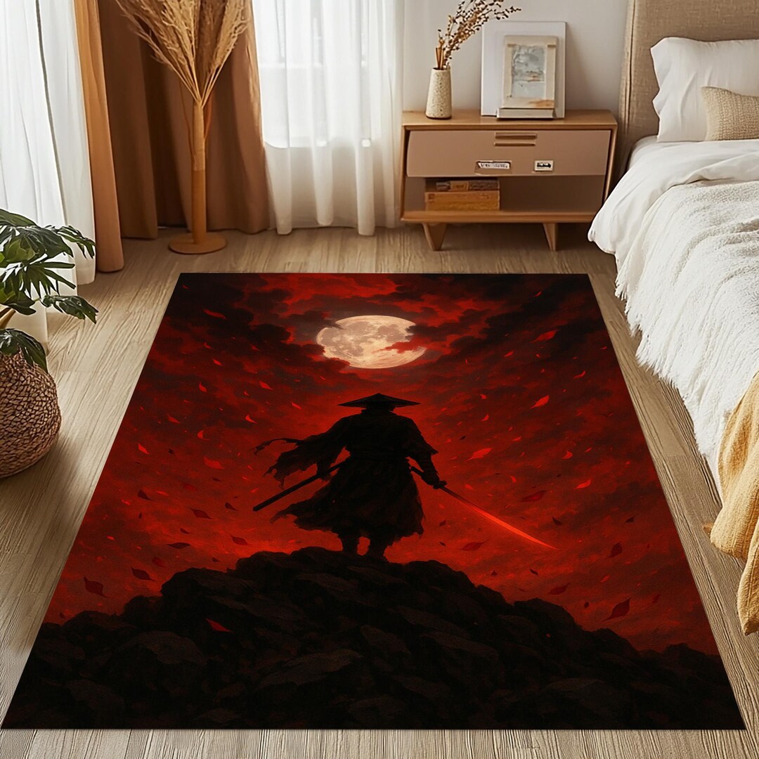 Samurai Blood Moon Rug: Red Night Warrior Carpet, Fiery Sky Design ...