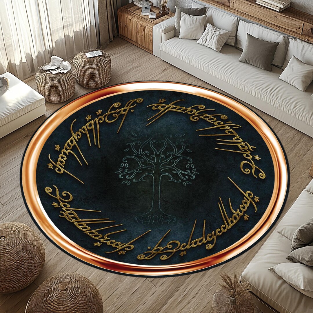 Lord of the Rings Inspired Round Rug: Black Gold Tree Design - Etsy