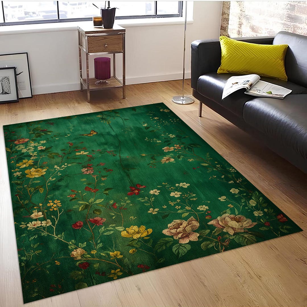 Vintage Floral Area Rug: Green Botanical Garden Style - Etsy