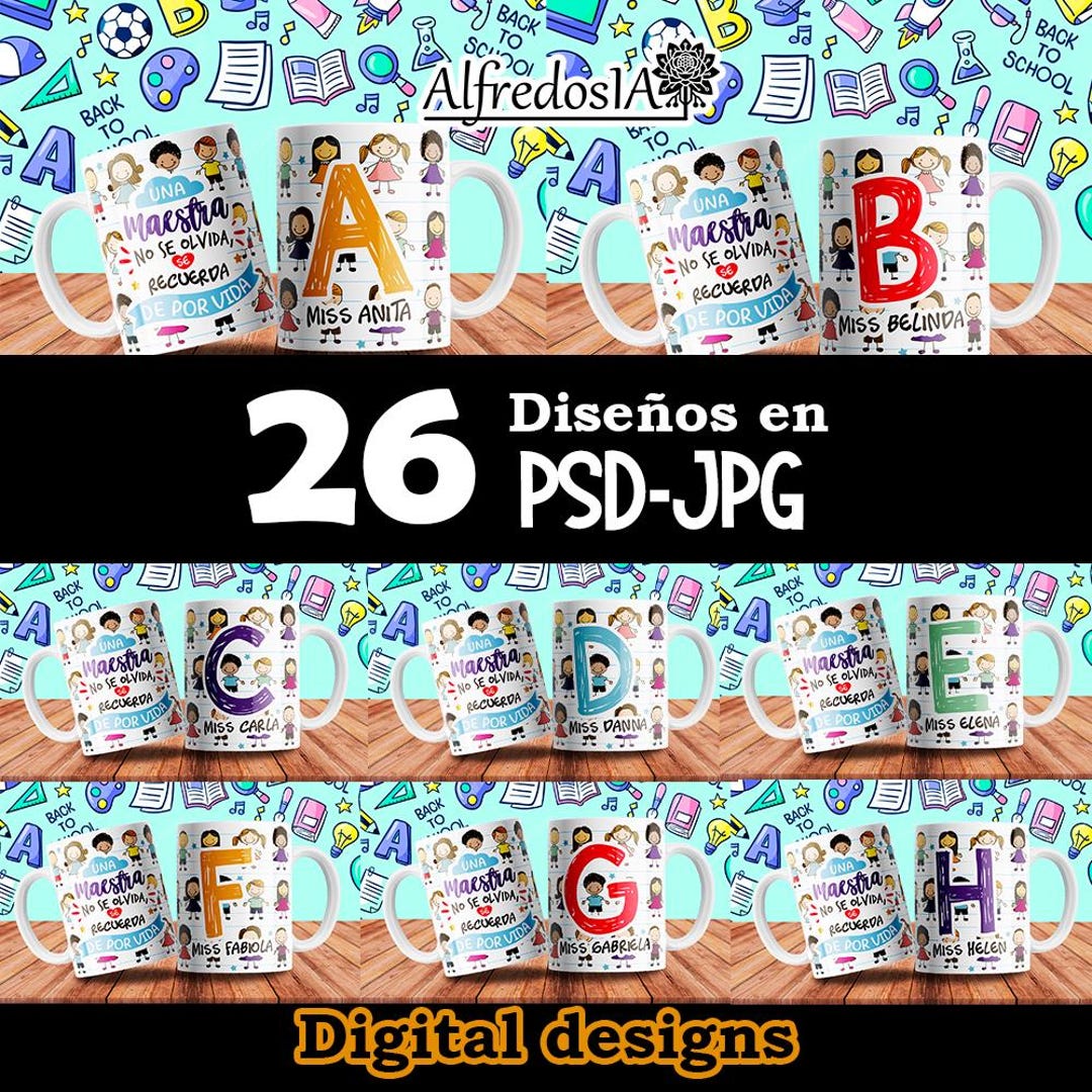 Abc maestro 26 diseños digitales para taza,en psd-jpg,dia del maestro,teacher,mug,digital design ...