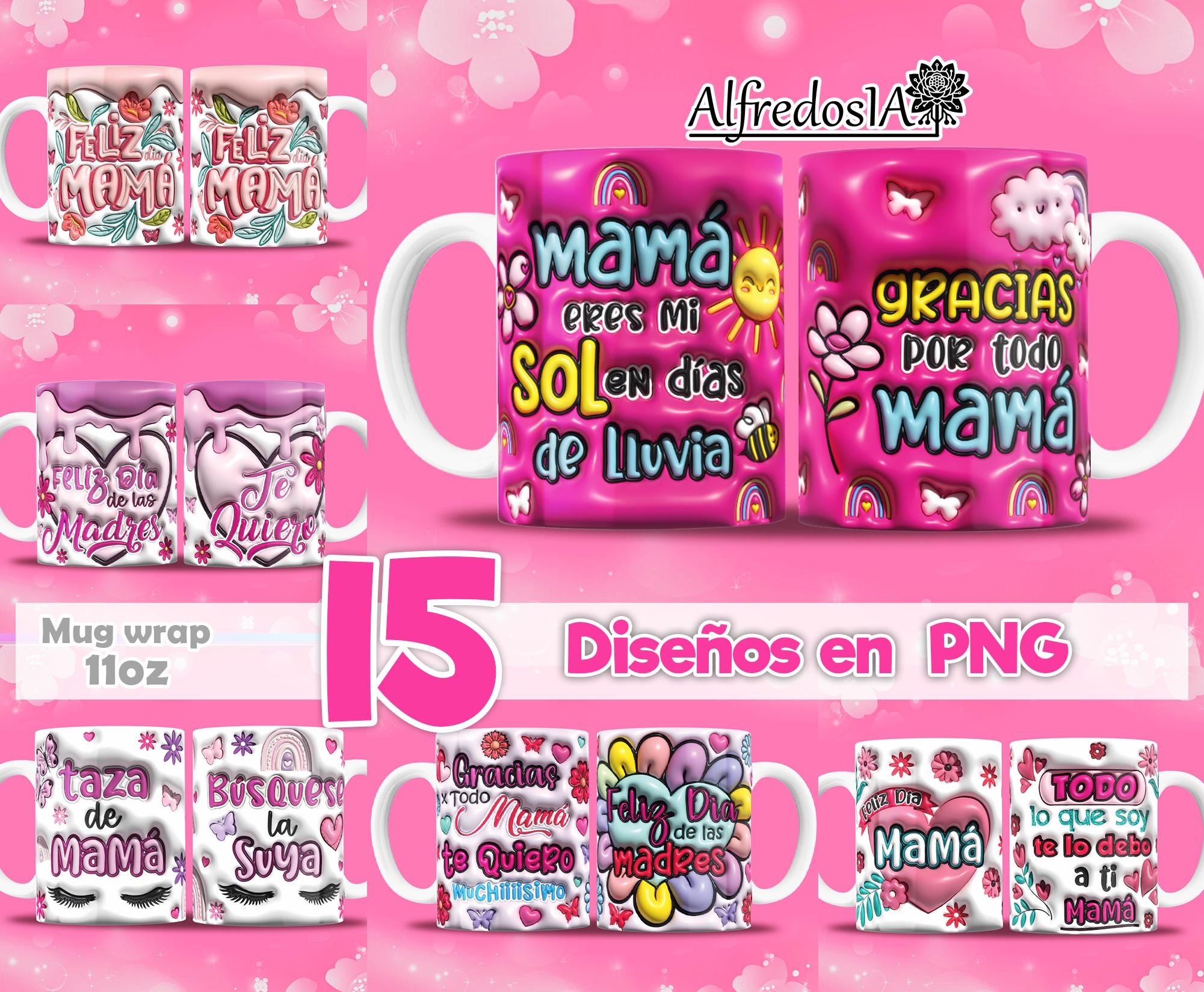15 diseños dia de la madre 3D , 15 diseños en PNG ,diseños digitales ...