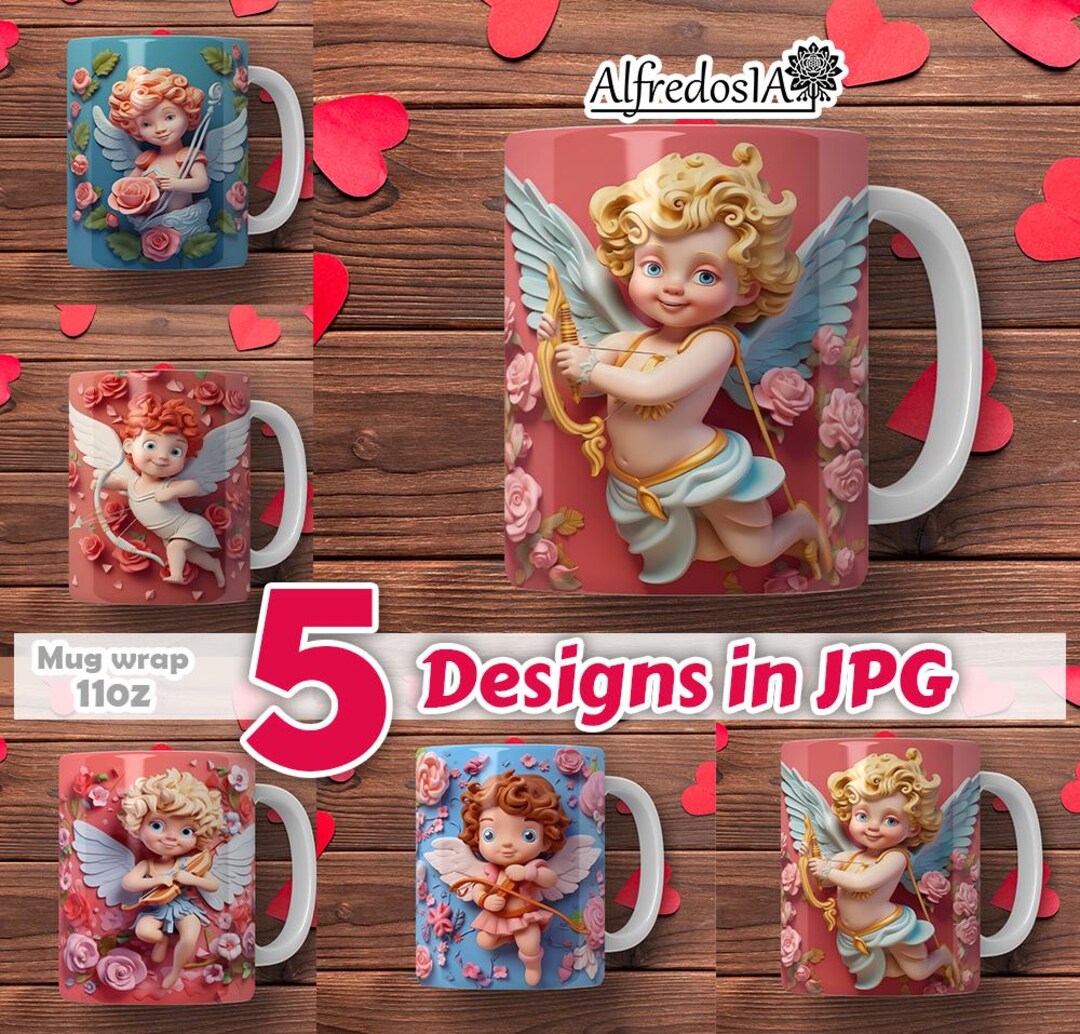 5 3D Cupid Designs, 5 Designs in JPG, Sublimation Wrap Mugs, Digital ...