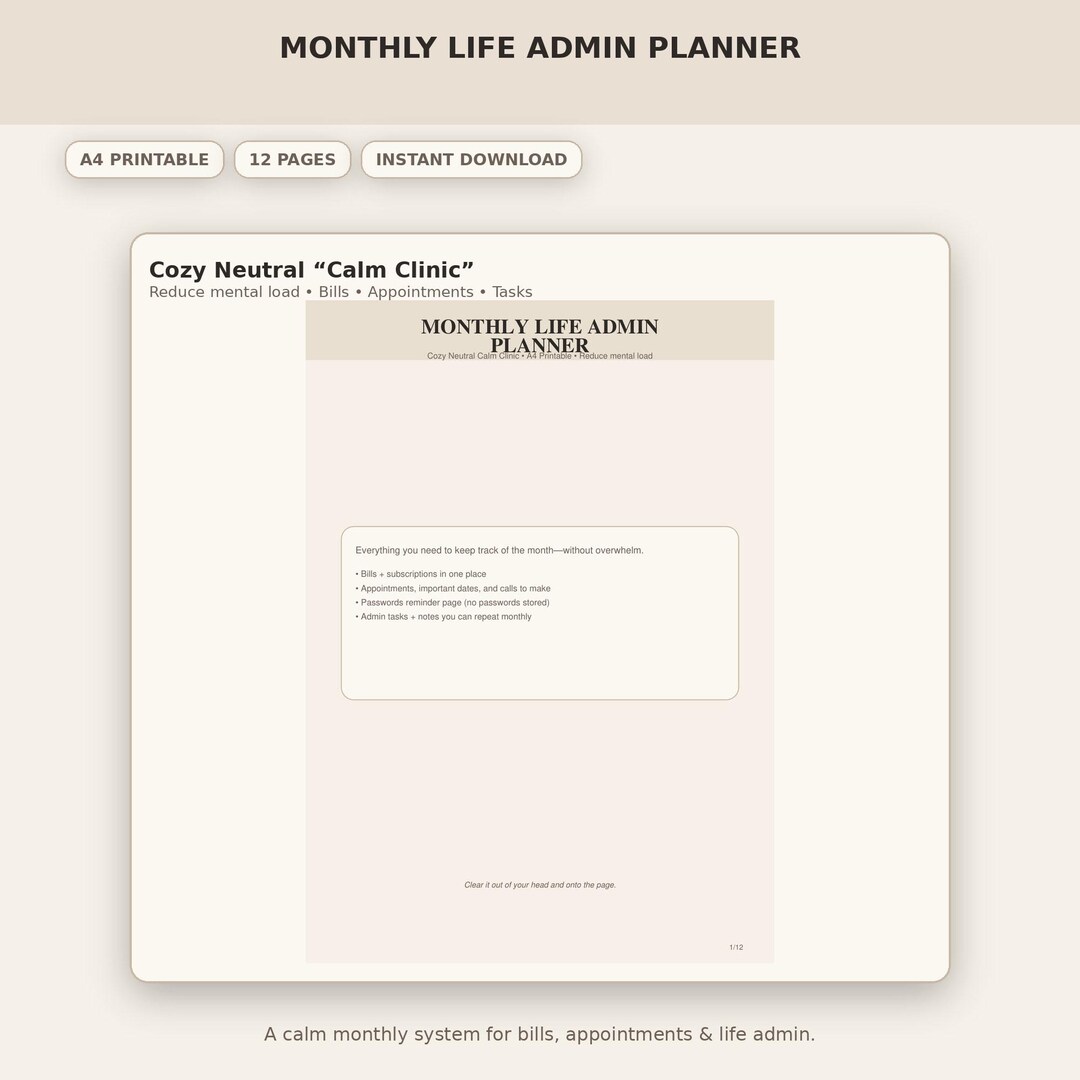 Monthly Life Admin Planner | Bills, Appointments & Tasks | A4 Printable ...