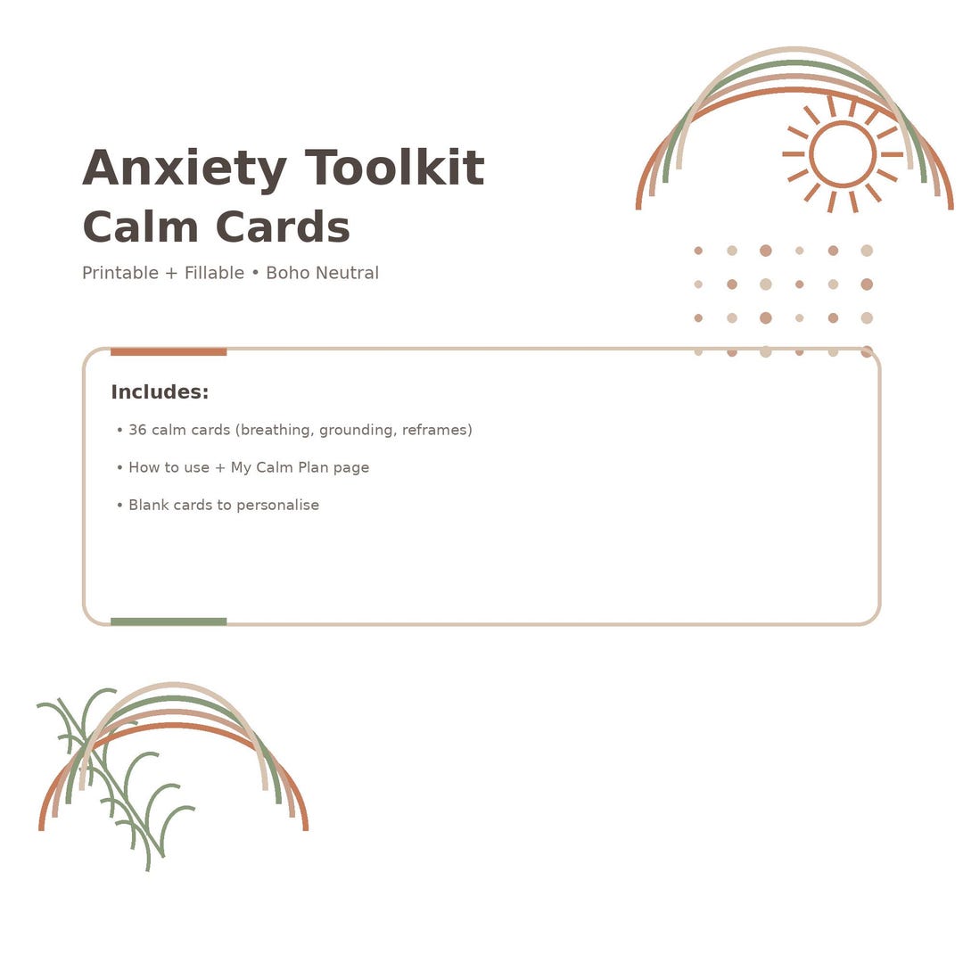 Anxiety Toolkit Calm Cards Printable | Boho Neutral A4 | 36 Calm Down ...