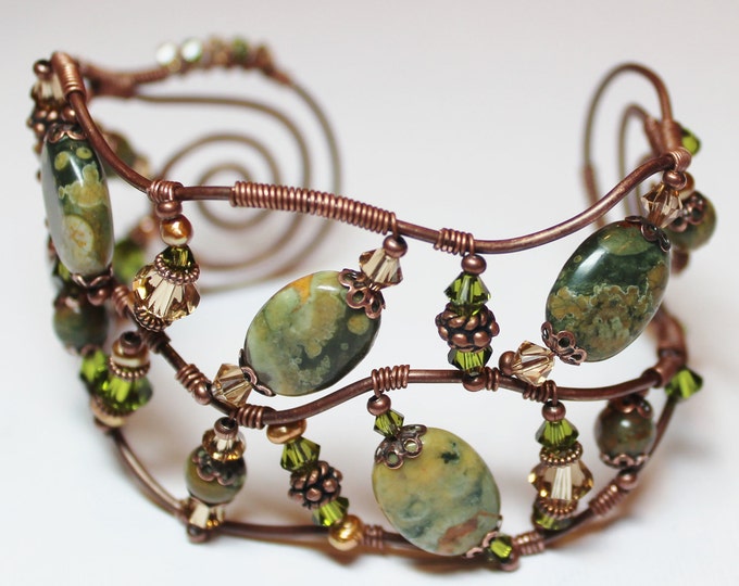 Handmade Jewelry Cuff Bracelet Beaded Wire Wrapped Antique Copper ...