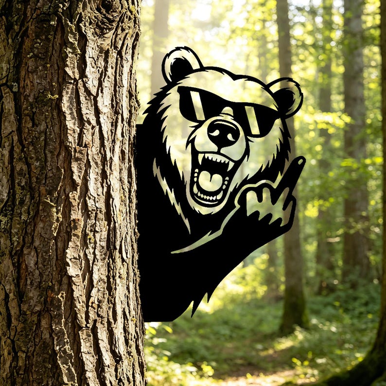 Cool Sunglasses Middle Finger Peeking Bear Metal Art, Sassy Grizzly ...