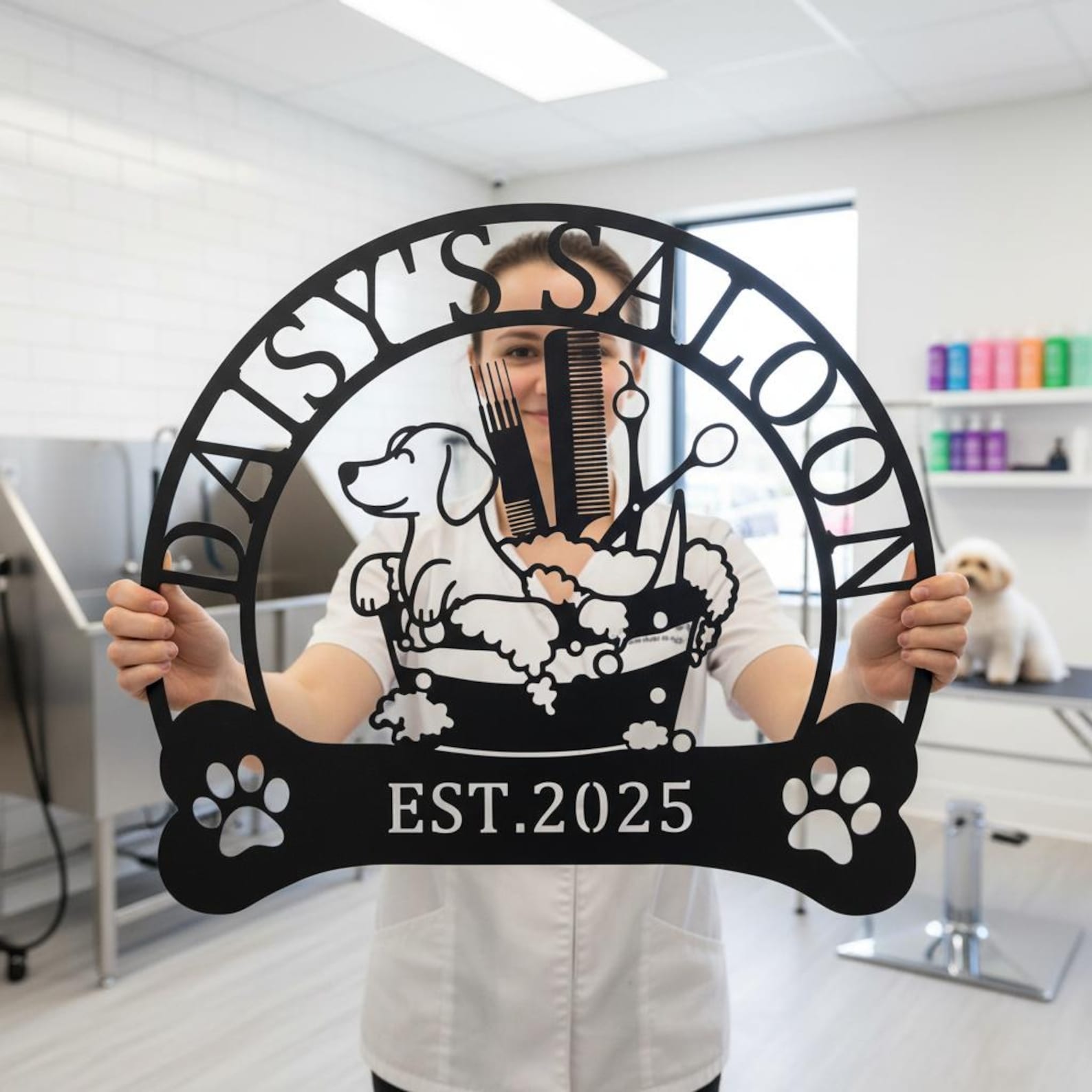 Custom Dog Grooming Salon Metal Sign, Dog Bath&grooming Tools Name Wall ...