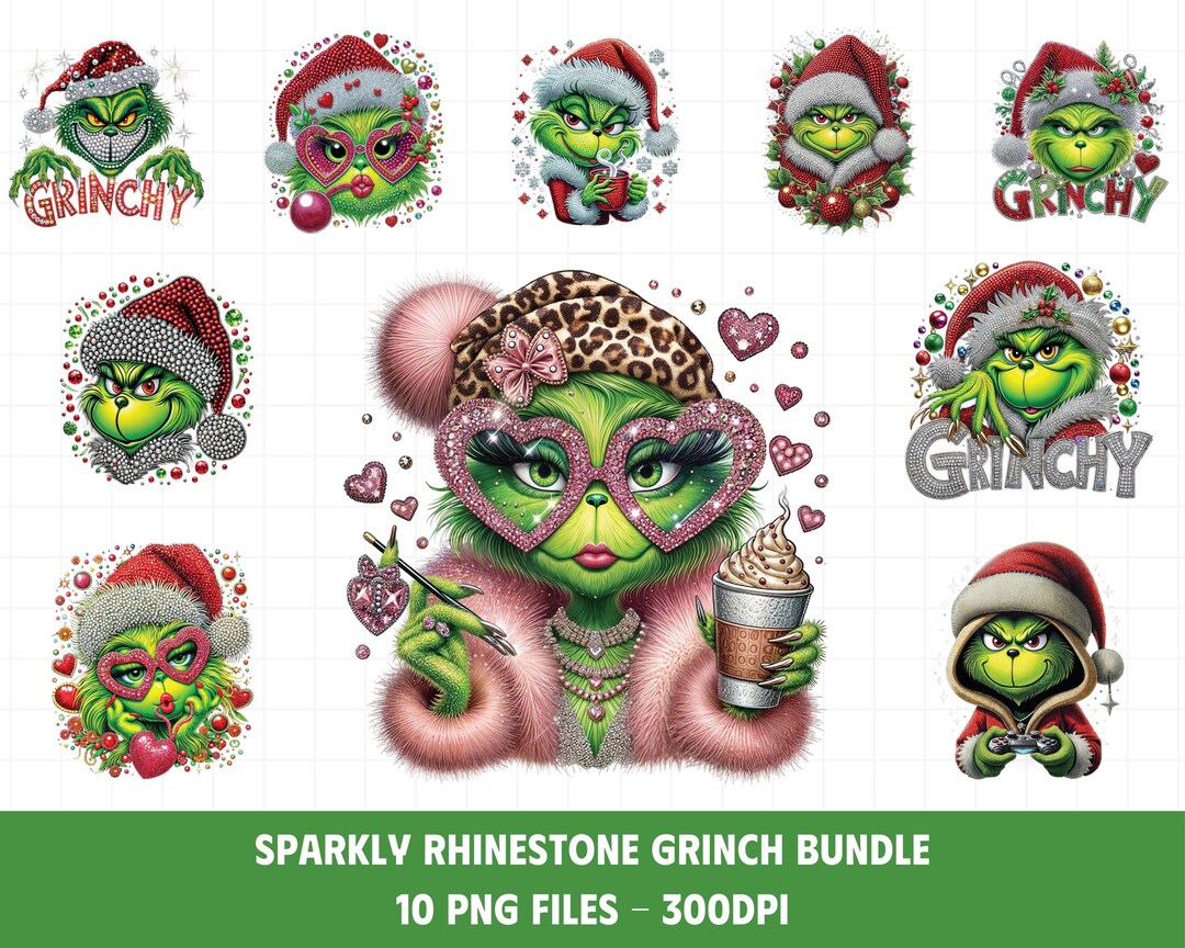Sparkly Rhinestone Grinch PNG Bundle, Rhinestone Christmas Png, Santa ...