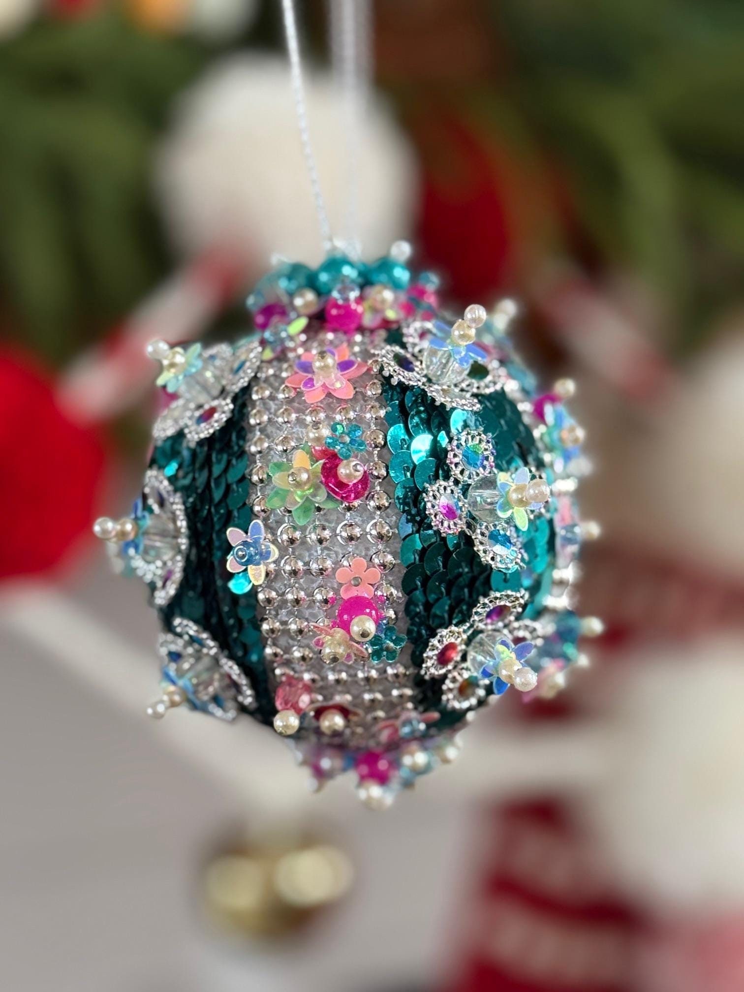 Handbeaded - Turquoise Sequin and Colorful Iridescent Flower Sequins ...