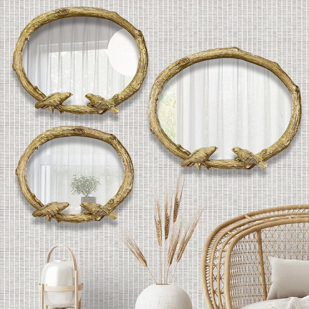 Set of 3 Wall Hanging Oval Birds Mirrors in Gold Color - Etsy