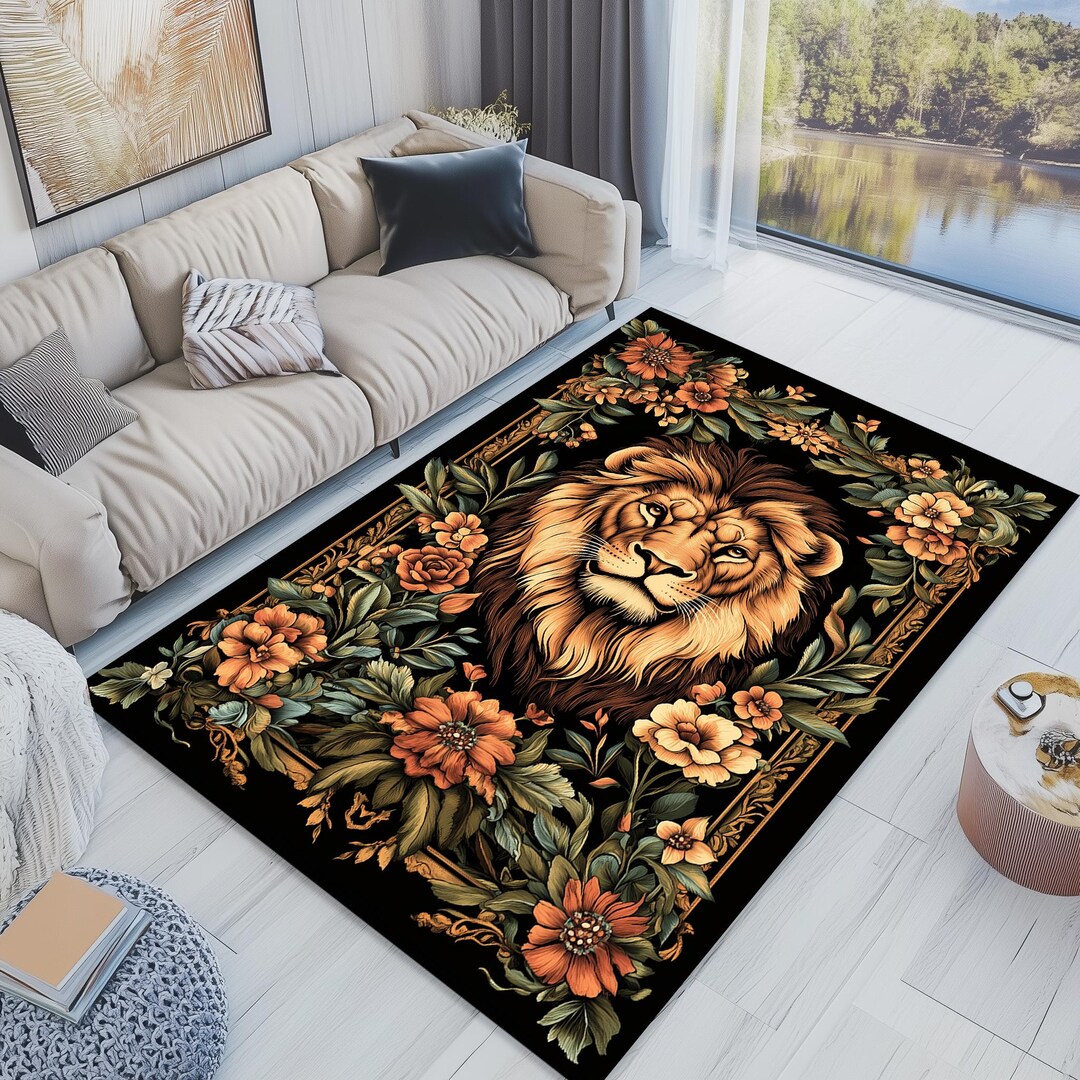 Lion Rug, Animal Themed Rug, Lion Decor Rug, Floral Rug, Lion Patterned ...