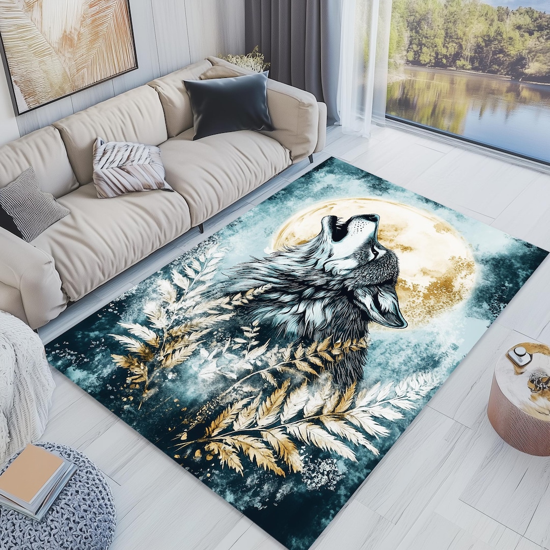 Wolf Rug, Wolf Themed Rug, Animal Decor, Moon Rug, Wolf Area Rug, Full ...