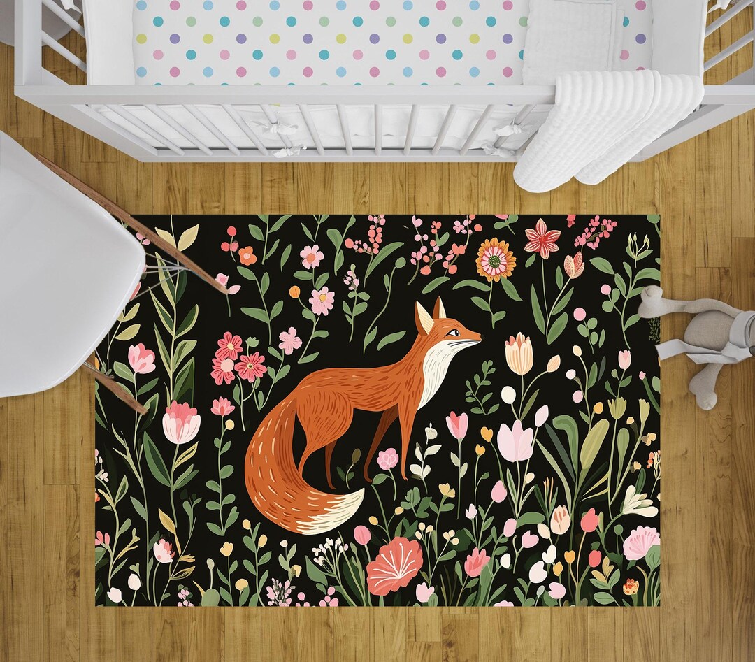 Floral Fox Area Rug: Animal Themed Nursery Decor - Etsy