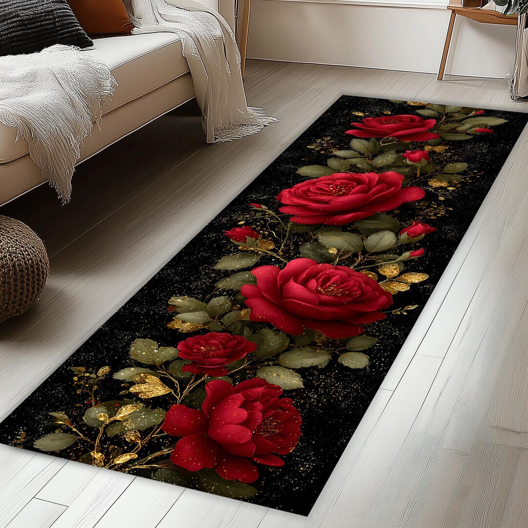 Red Rose Pattern Runner Rug, Floral Accent Rug - Etsy