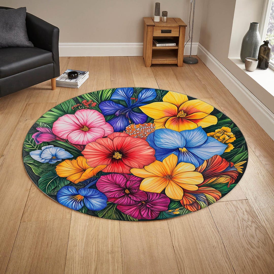 Flower Rug, Flower Round Rug, Floral Area Rug, Flower Themed Rug ...