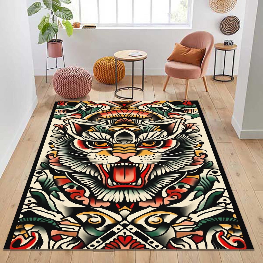 Traditional Tattoo Rug, Tattoo Design Rug, Tiger Rug, Tattoo Rug, Rug ...
