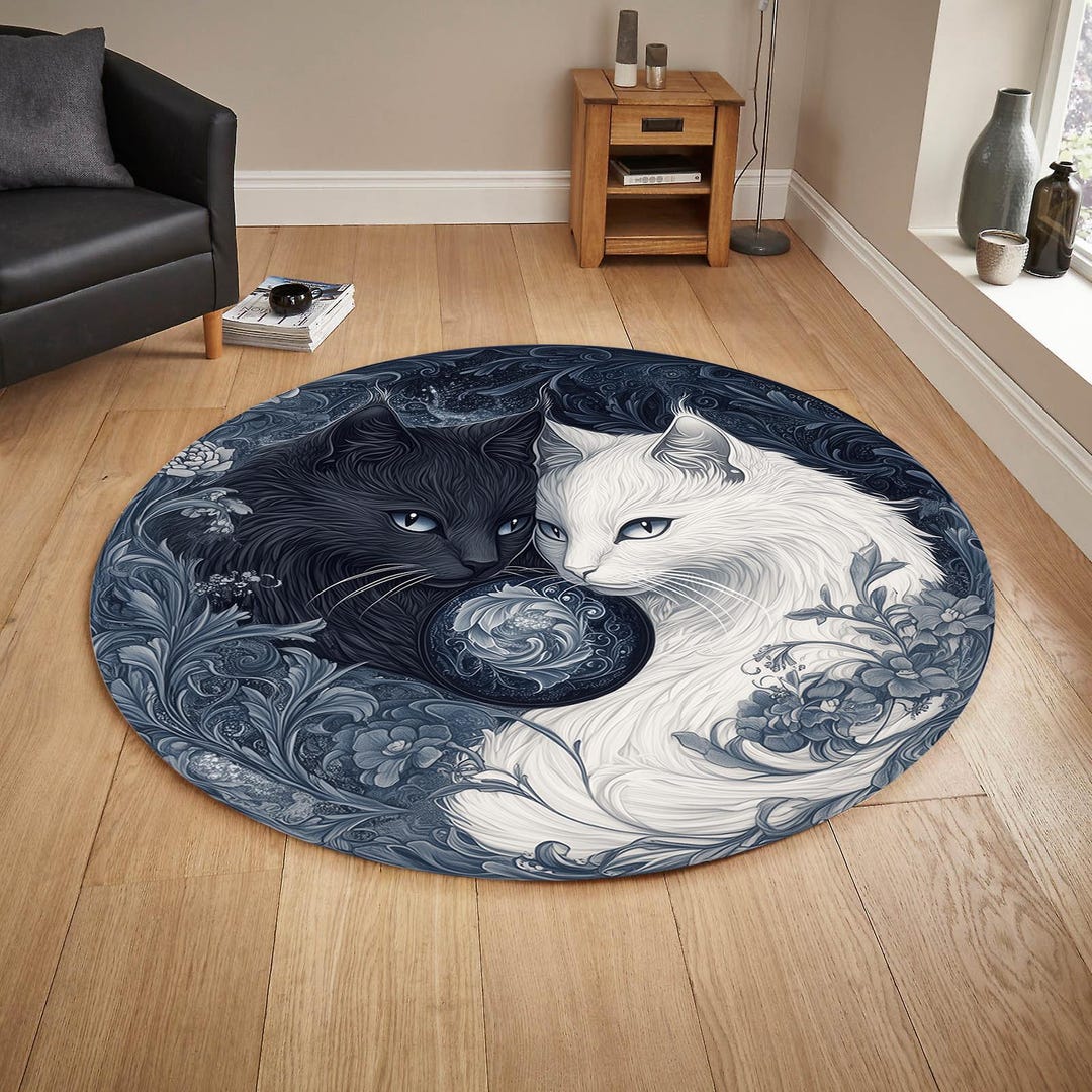 Yin Yang Cats Rug, Round Rug, Cat Rug, White and Black Cat, Decorative ...