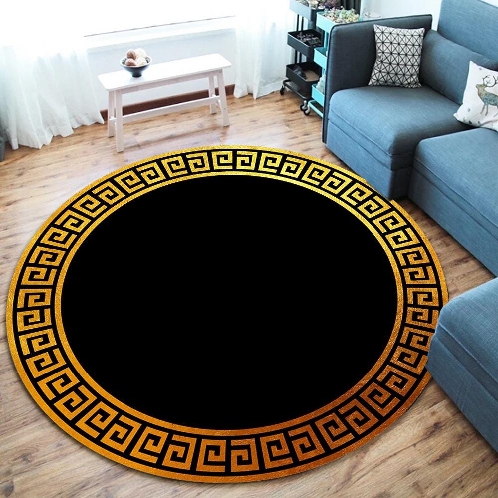 Greek Pattern Round Rug, Greek Key Rug, Round Rug, Gold Rug, Circular ...