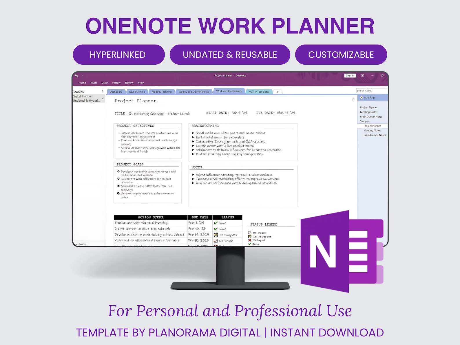 Professional Onenote Planner Hyperlinked Onenote Template for Work to ...