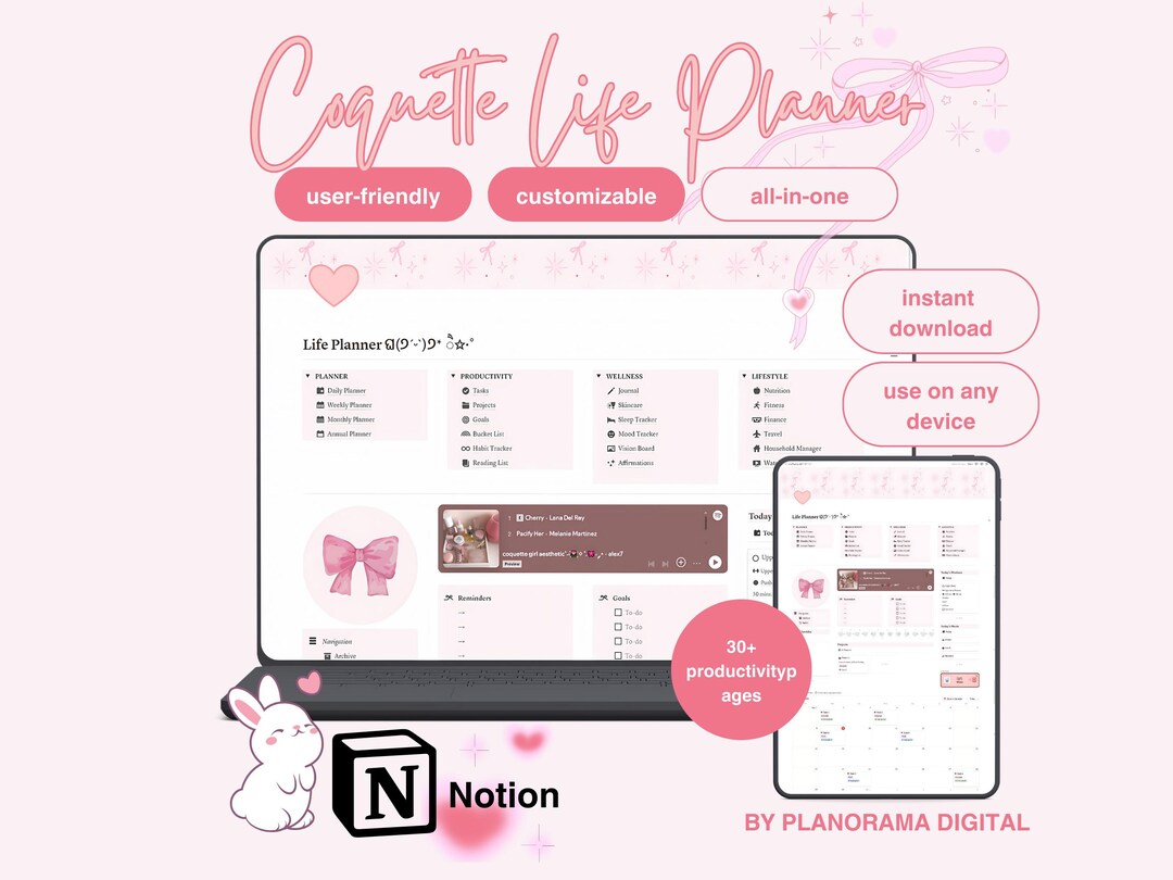 All-in-one Notion Template Pink Coquette Themed Notion Life Planner ...