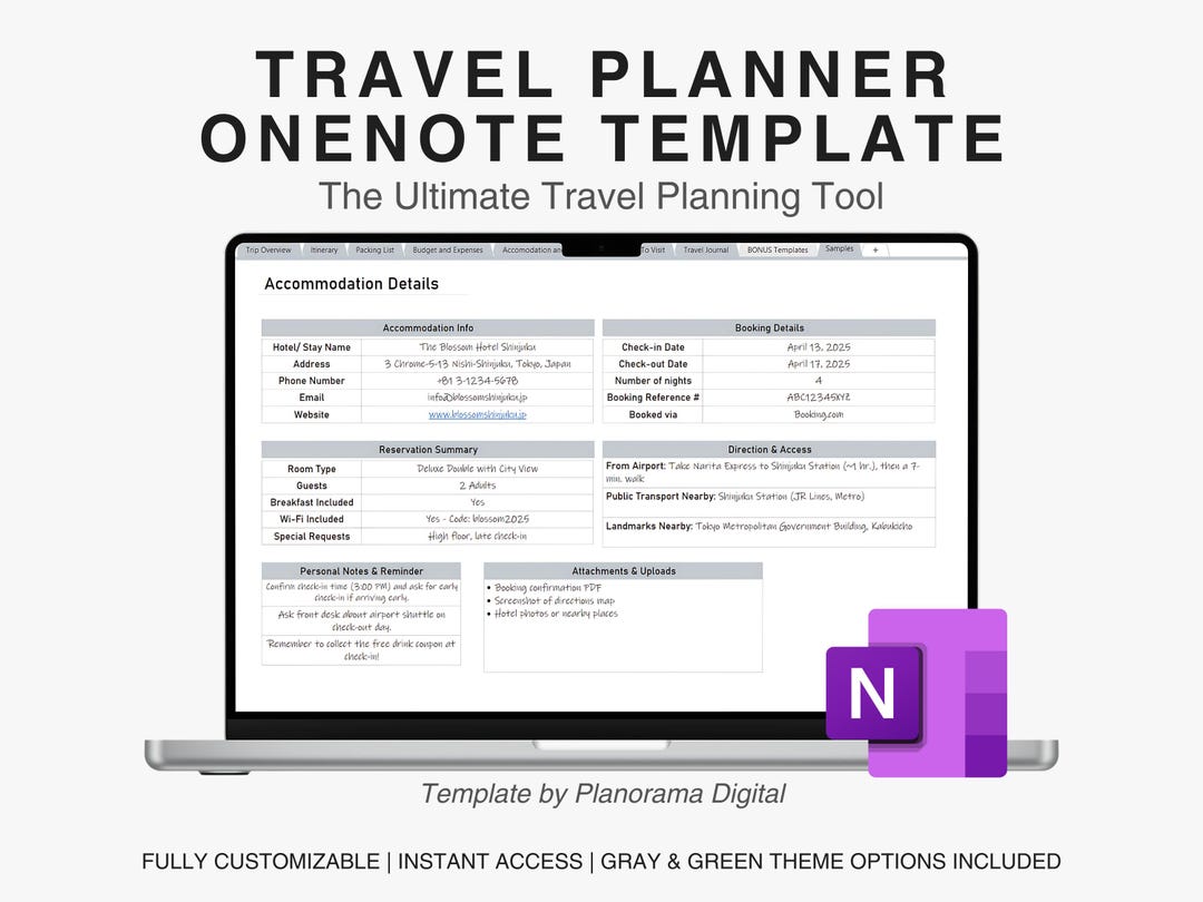 Onenote Template Travel Planner Onenote Vacation Trip Planner Digital ...