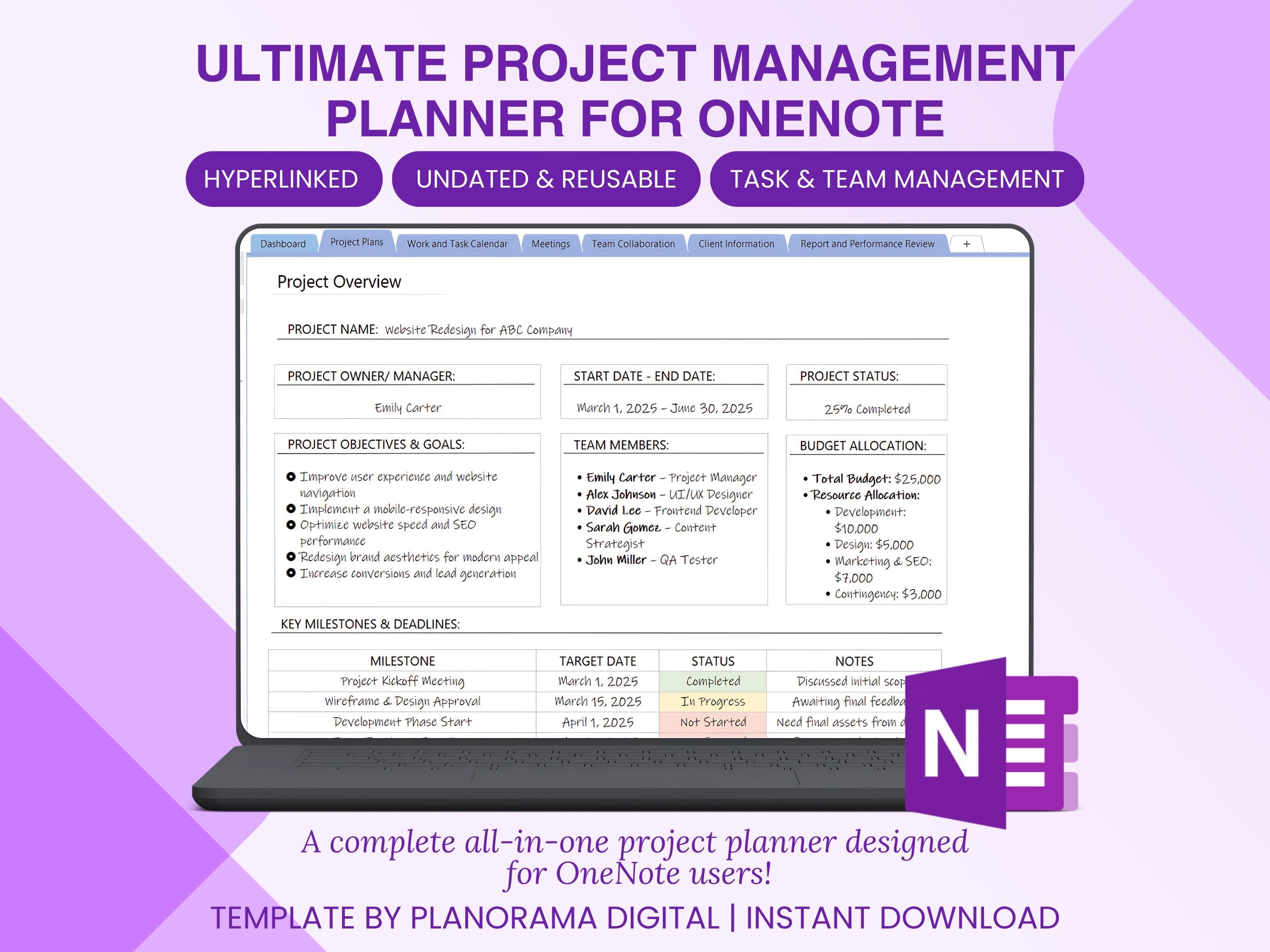 Onenote Project Management Planner for Work Template for Onenote ...