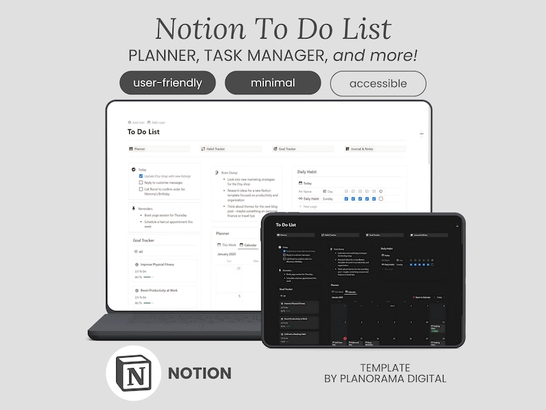 Minimalist Notion to Do List Template Simple Checklist Digital Planner Notion Dashboard for ...