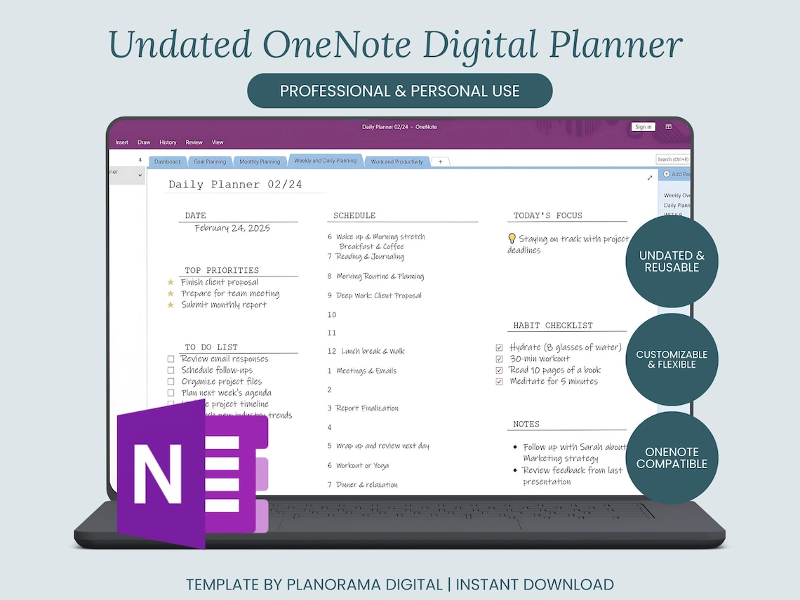 Undated Onenote Planner for Professional Project Planner to Do List ...
