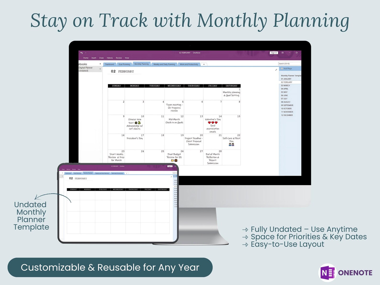 Undated Onenote Planner for Professional Project Planner to Do List ...