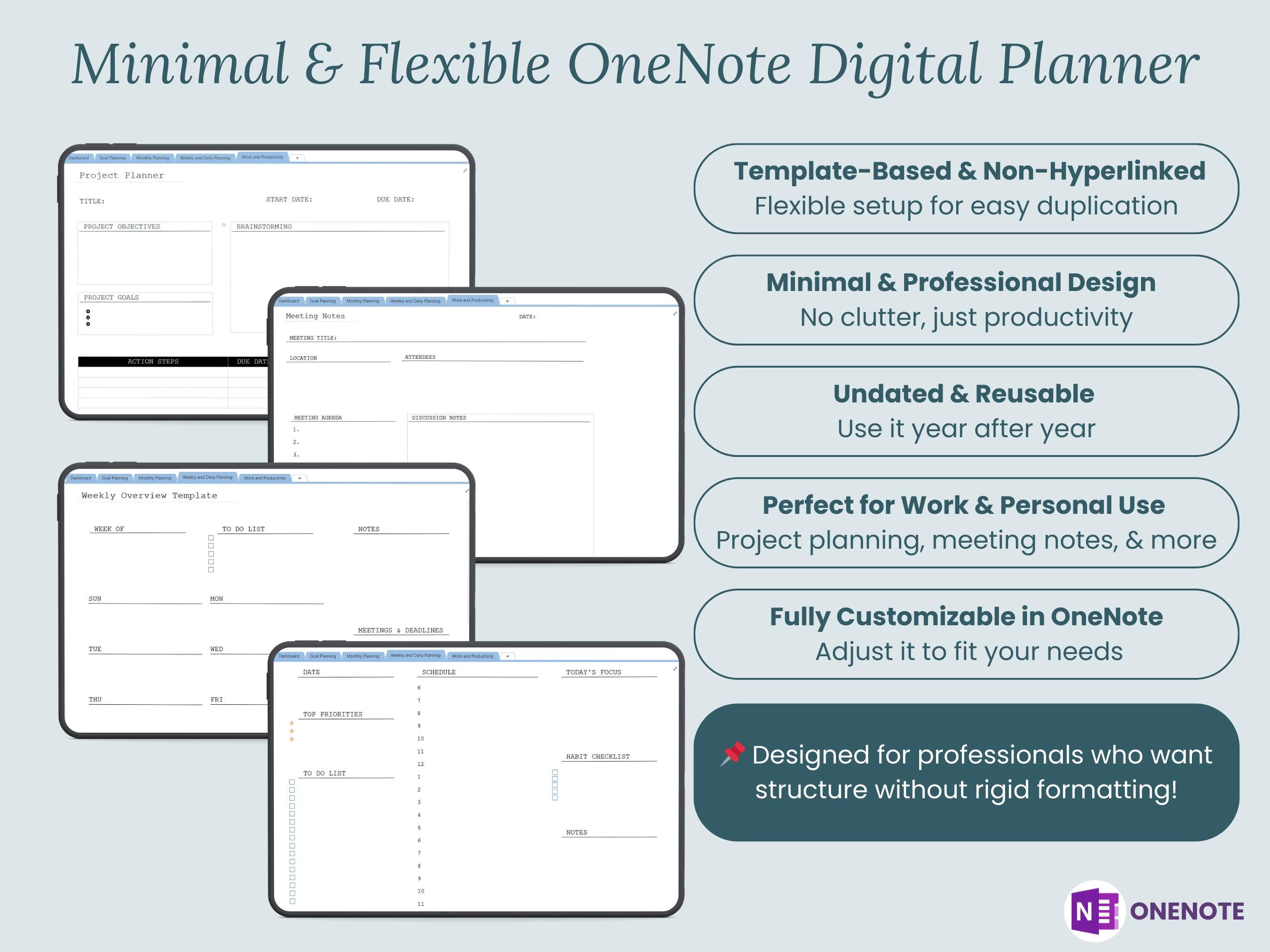 Undated Onenote Planner for Professional Project Planner to Do List ...